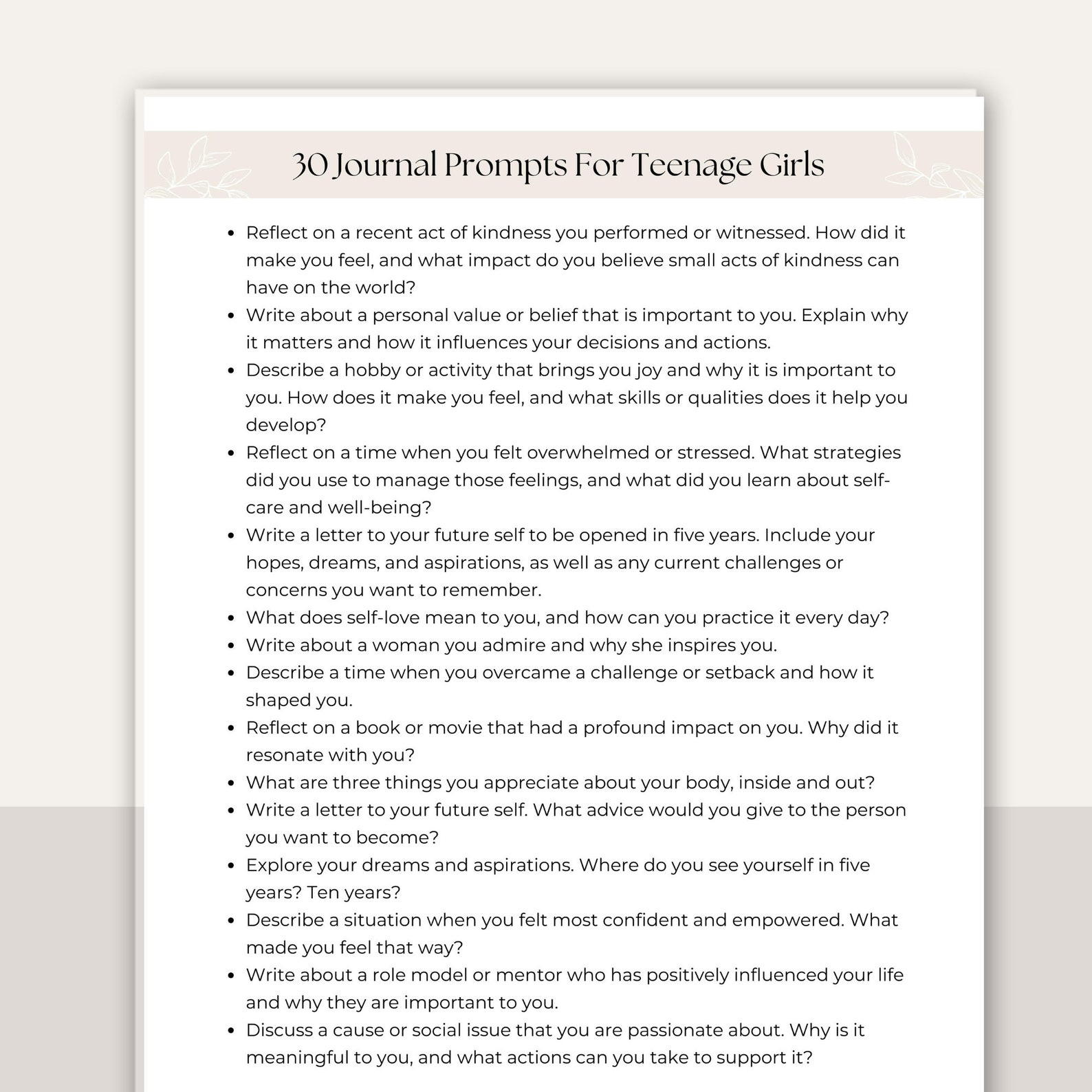 Journal Prompts for Teenage Girls, 30 Writing Prompts, Self-care ...
