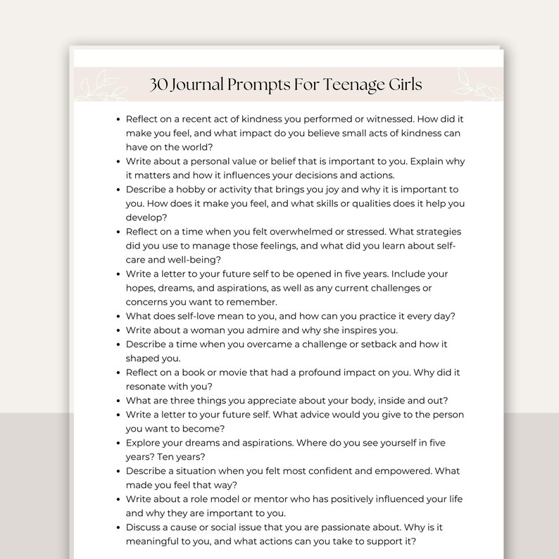 Journal Prompts for Teenage Girls, 30 Writing Prompts, Self-care ...