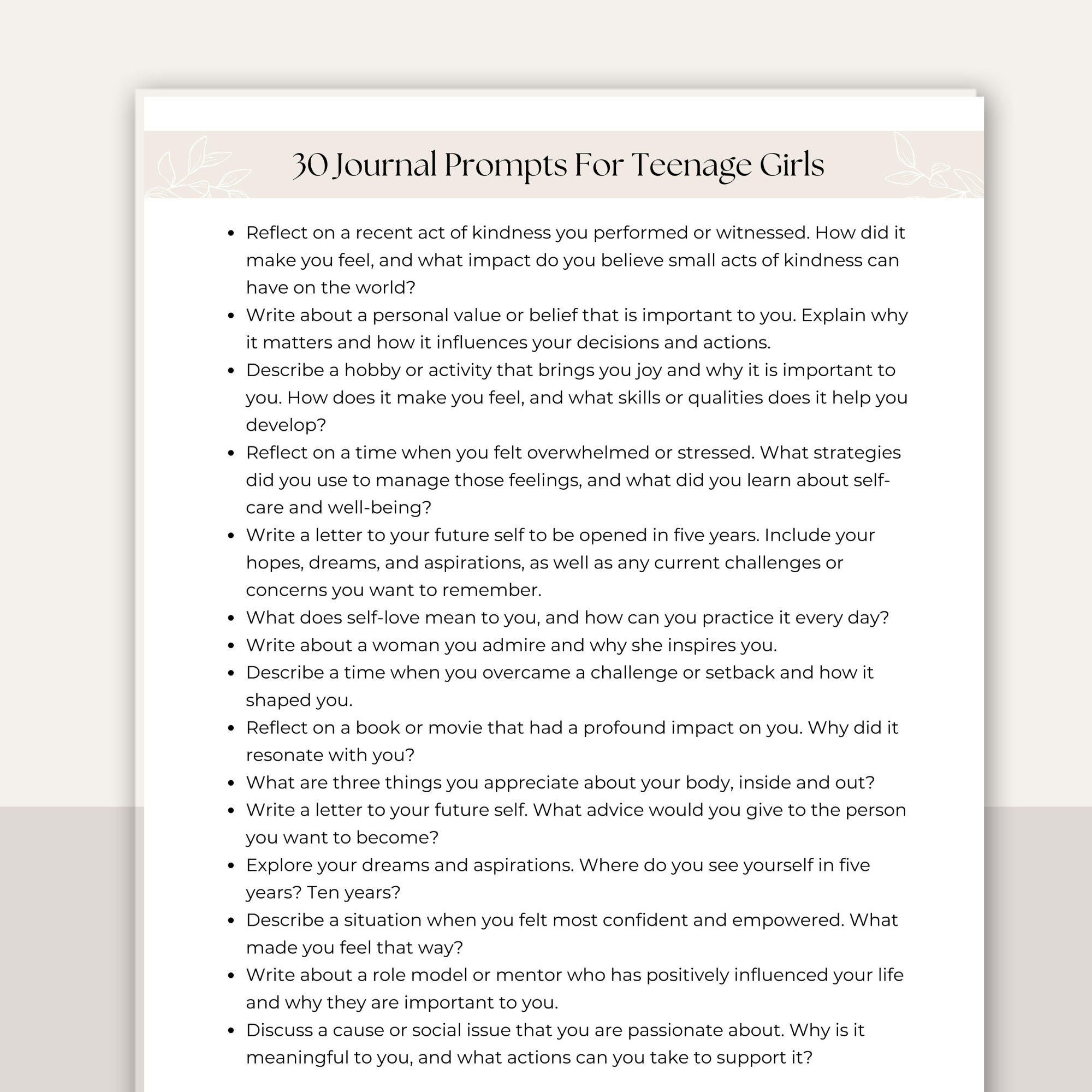 Journal Prompts for Teenage Girls, 30 Writing Prompts, Self-care ...