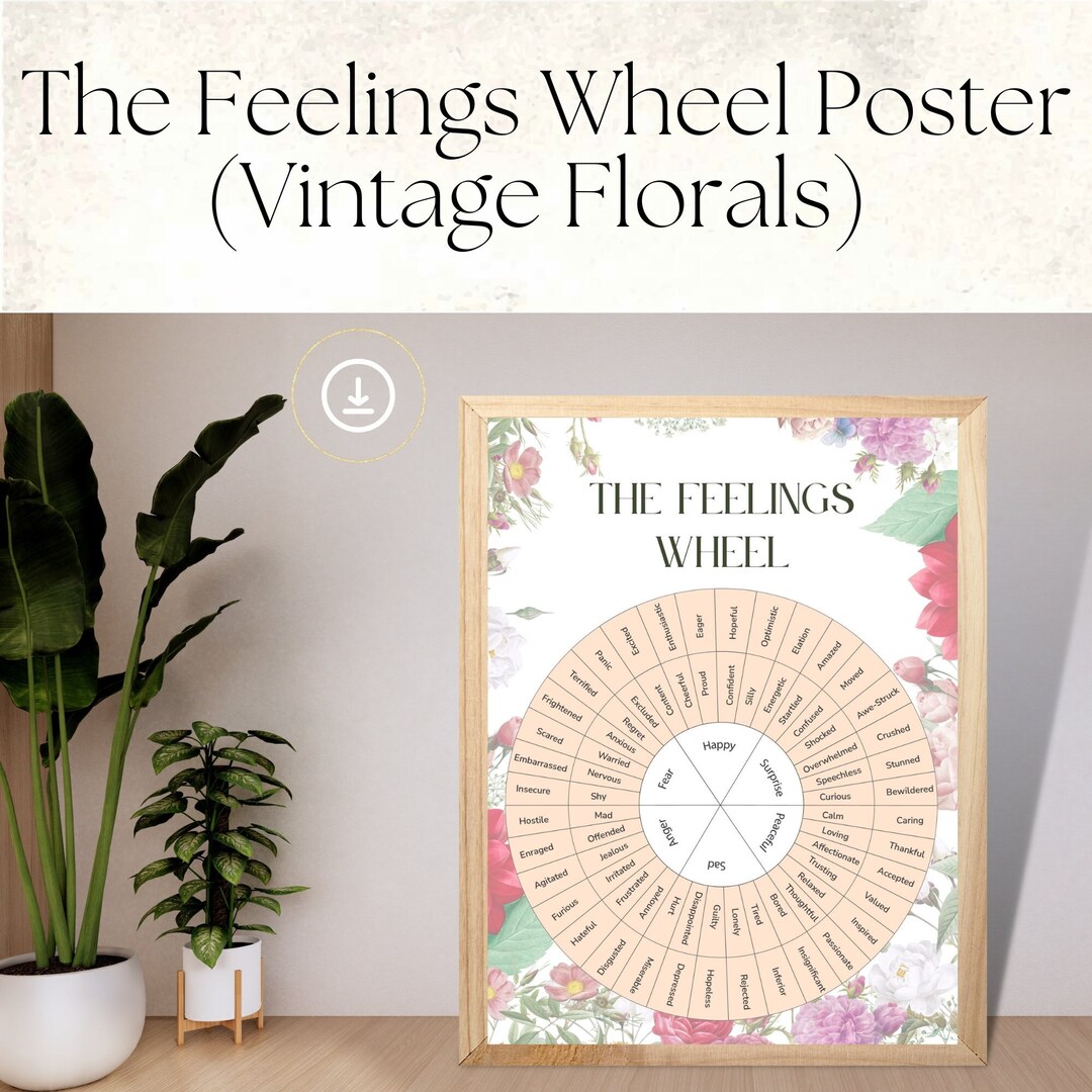 Feelings Wheel Floral, Digital Mental Health Poster for Anxiety Relief ...