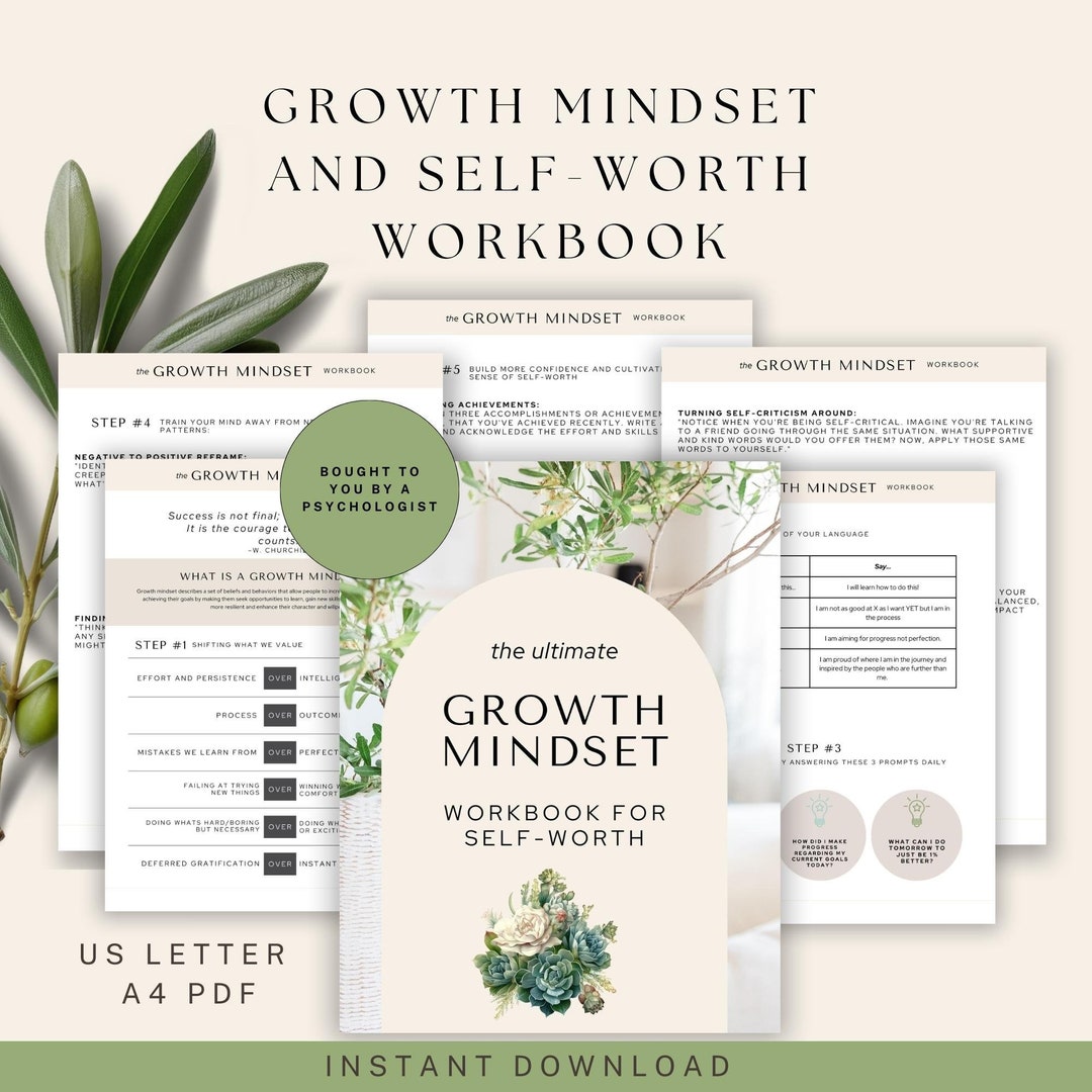 Growth Mindset Workbook for Adults, Self-worth Worksheets, Therapy ...
