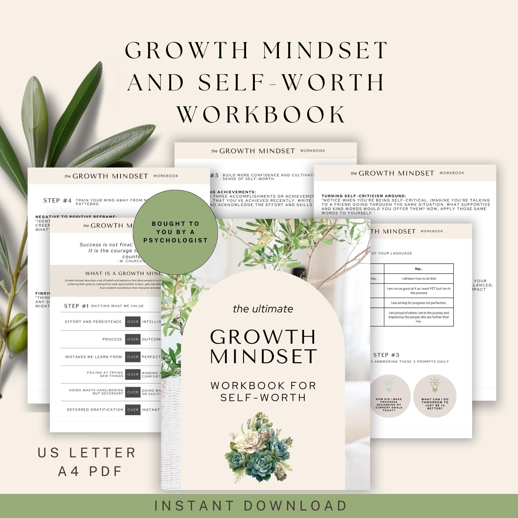 Growth Mindset Workbook for Adults, Self-worth Worksheets, Therapy ...