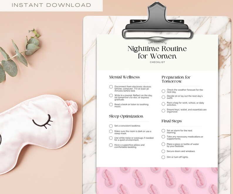Nightime Routine Checklist for Women, Instant Download, Routine Chart ...