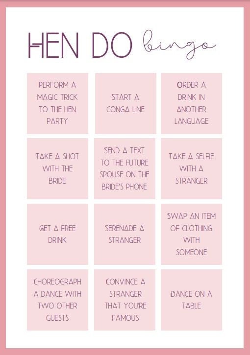 Challenge Bingo for Hen Dos and Bridal Showers Digital Download - Etsy