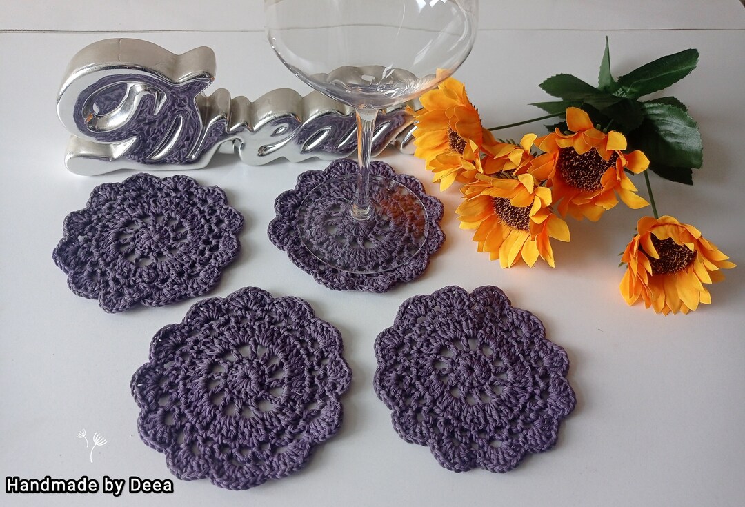 Crochet Cotton Purple Coasters Set of 4, Stylish Table Decorations ...
