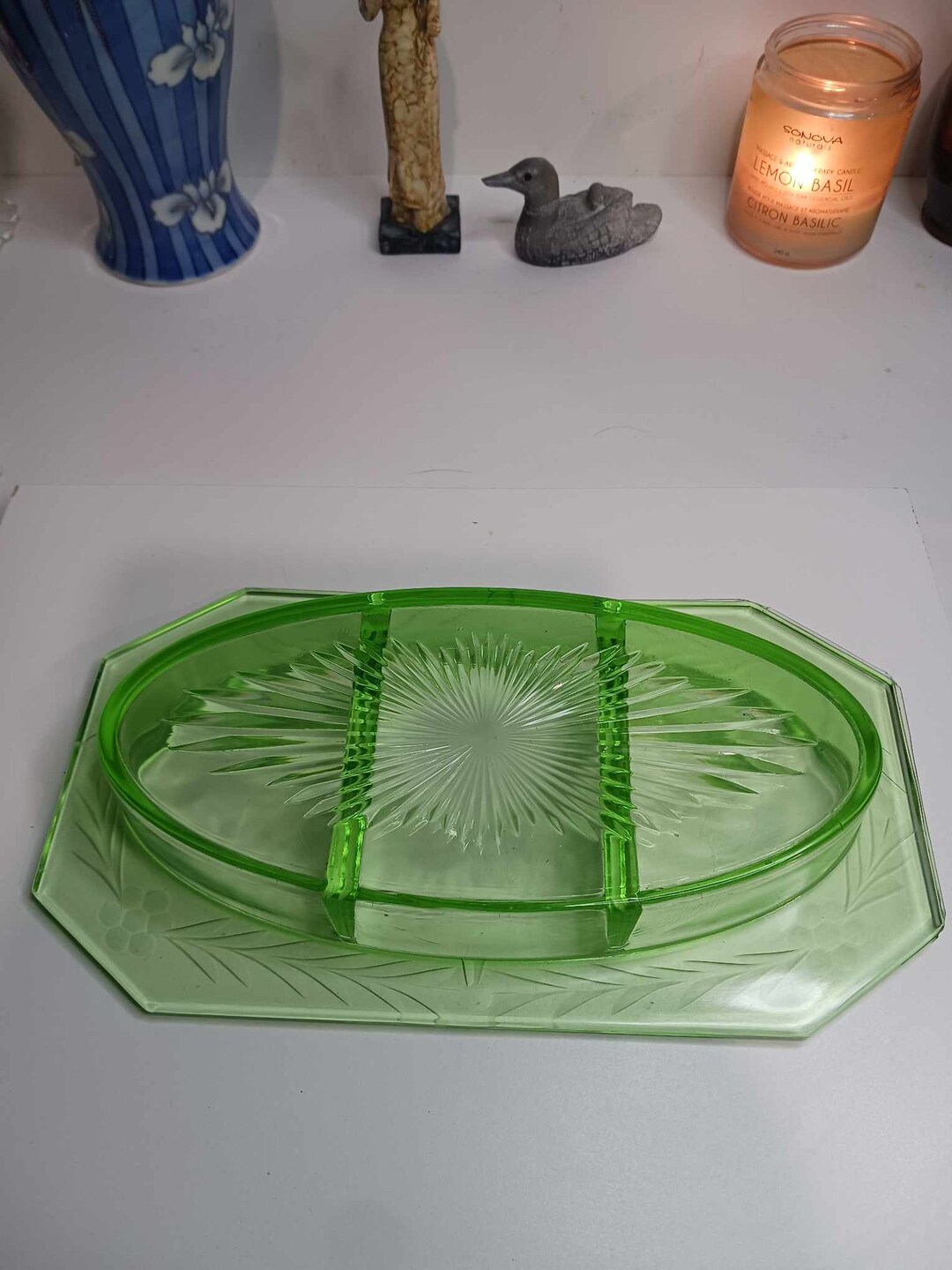 1940s Three Section Uranium Glass Candy/nut Dish - Etsy
