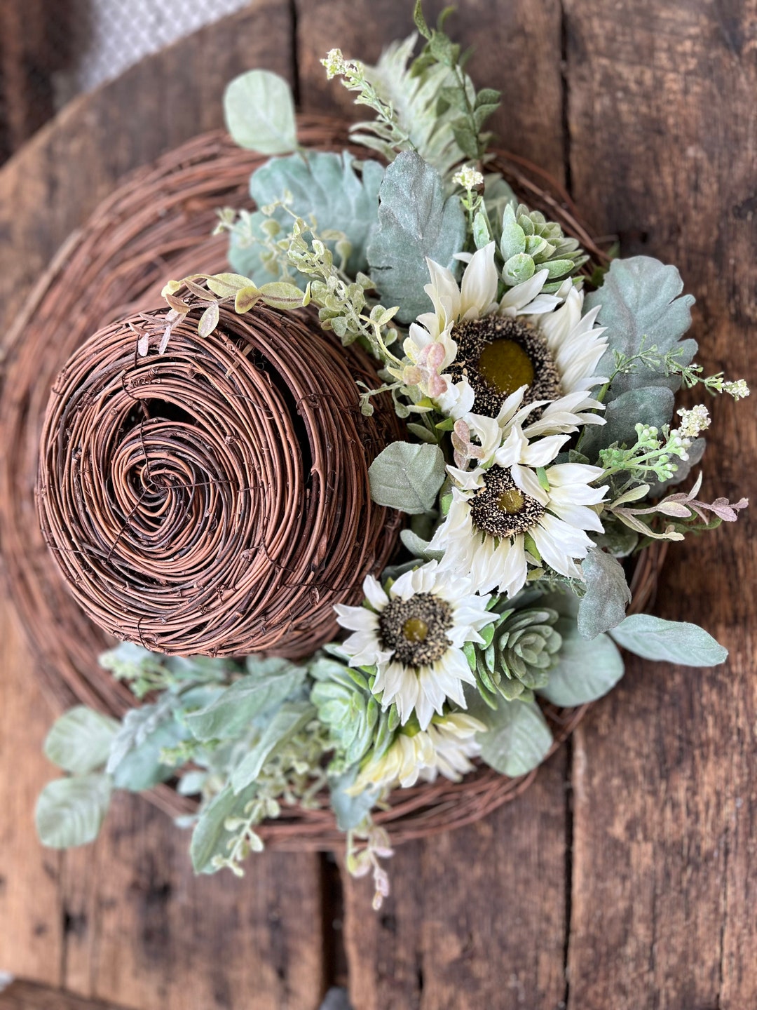 Vine Hat With Sunwashed Sunflowers Wall Hanging, Front Door Decor ...