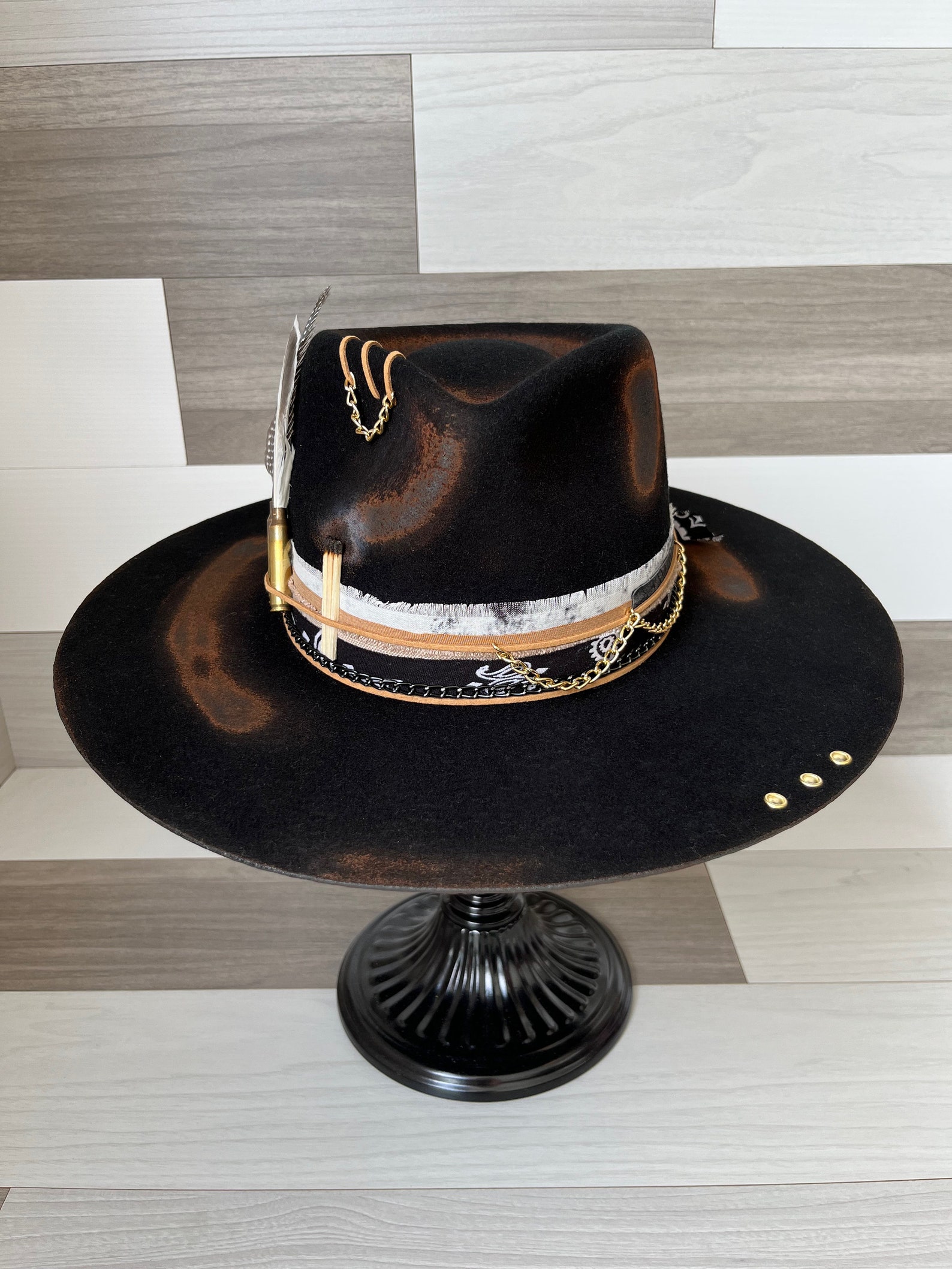 Black N Brass | Custom Hat, Custom Burned Hat, Wide Brim Hat, Rock and ...