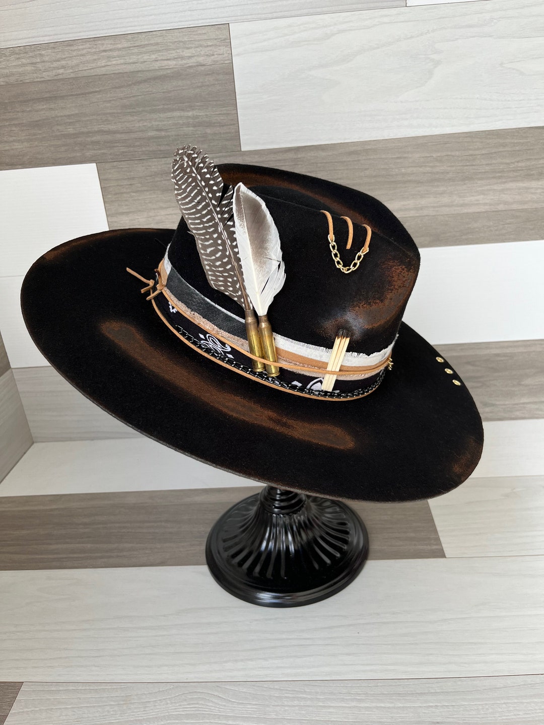Black N Brass | Custom Hat, Custom Burned Hat, Wide Brim Hat, Rock and ...