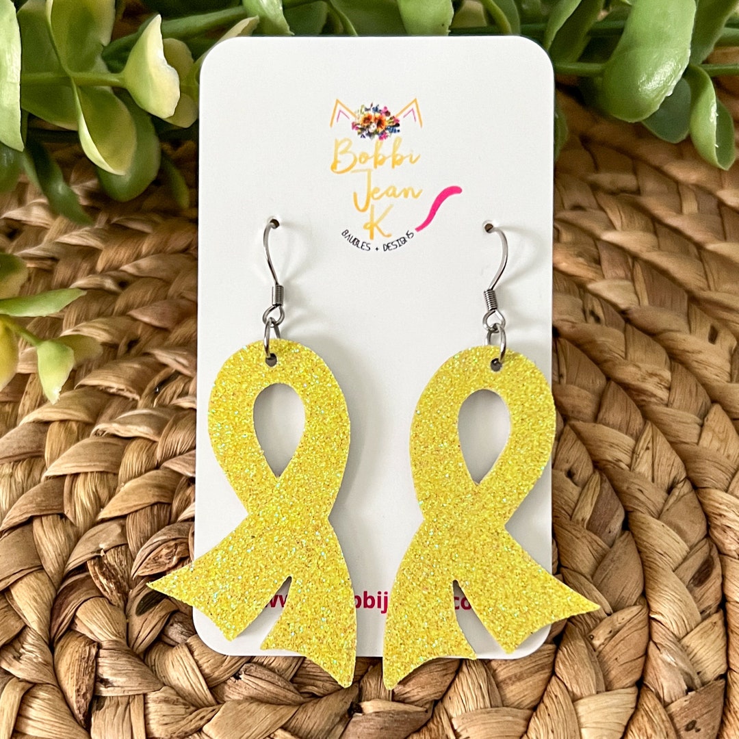 Yellow Glitter Awareness Ribbon Genuine Leather Earrings for Bone ...