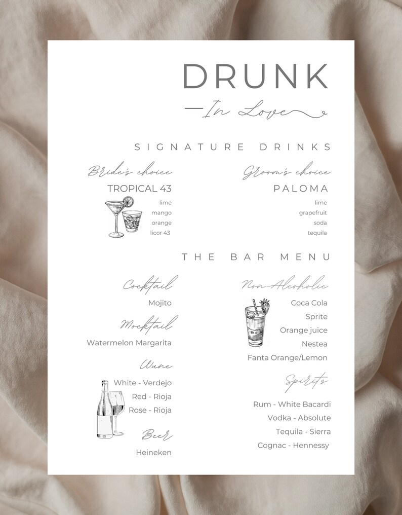 Minimalistic Drinking Menu Wedding - Personalized for You - Wedding ...