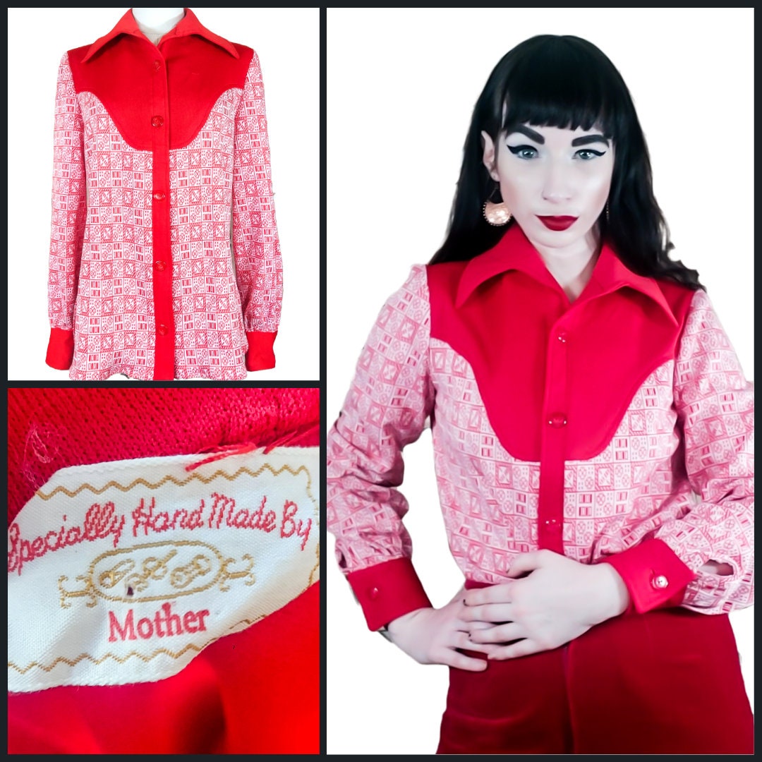 Vintage 1970s Western Yoke Wing Dagger Collar Button up Shirt 70s ...