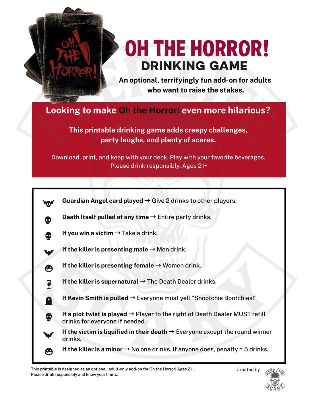 Horror Drinking Game Add-on: Printable Adult Party Game Rules (PDF ...