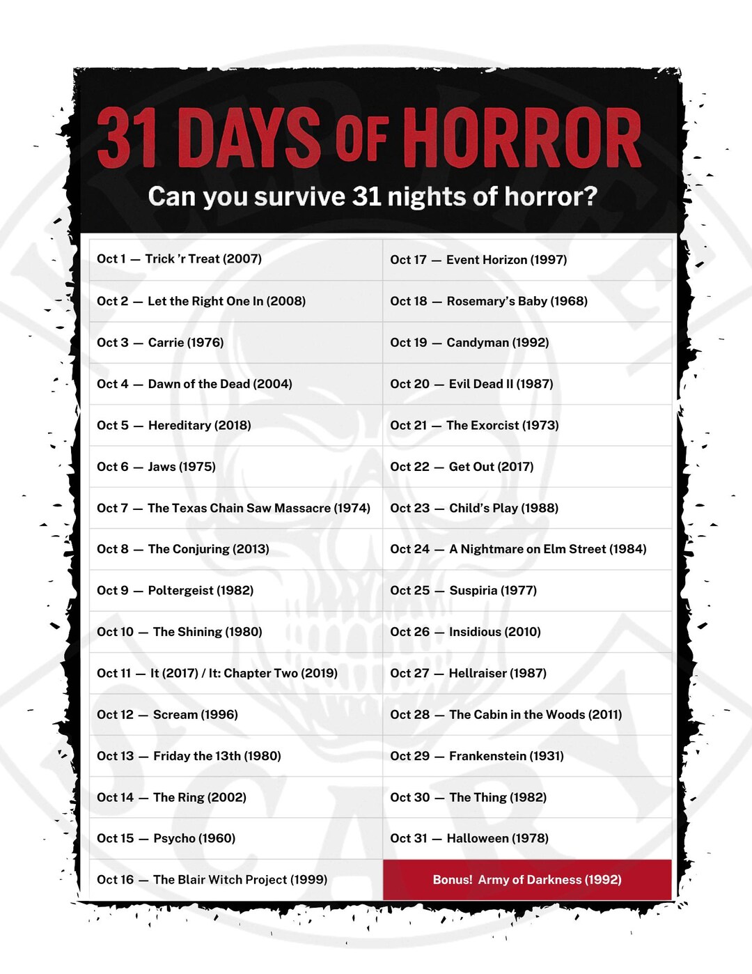 31 Days of Horror Movie Checklist: Halloween Film Challenge (digital ...