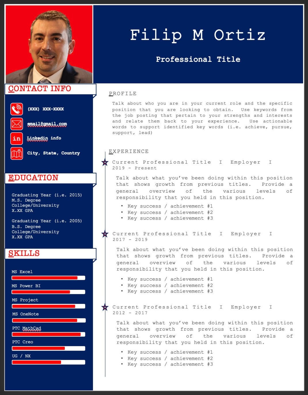 Red, White and Blue Themed Digital Download Resume Template Designed in ...