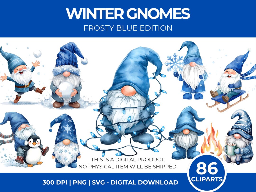 Blue Winter Gnomes Clipart | Watercolor Scandinavian Gnomes (PNG, SVG ...