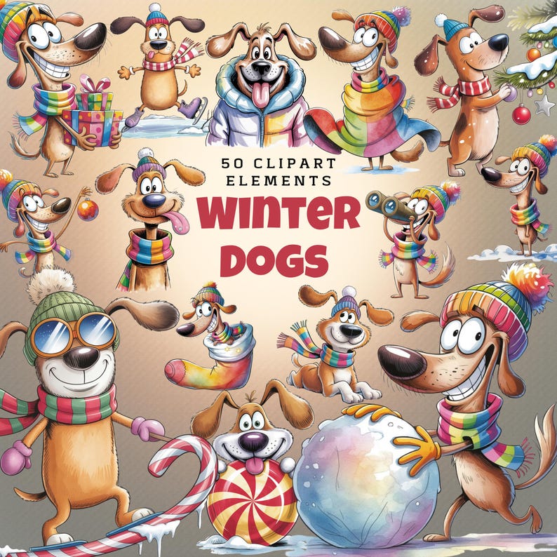 Goofy Winter Dogs Clipart Set – 50 PNG & SVG, 3200px, 300 DPI - Etsy