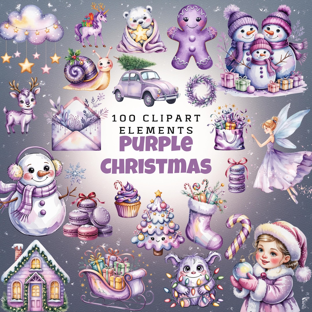 Purple Christmas Clipart Set | 100 Watercolor Ornaments and Holiday ...