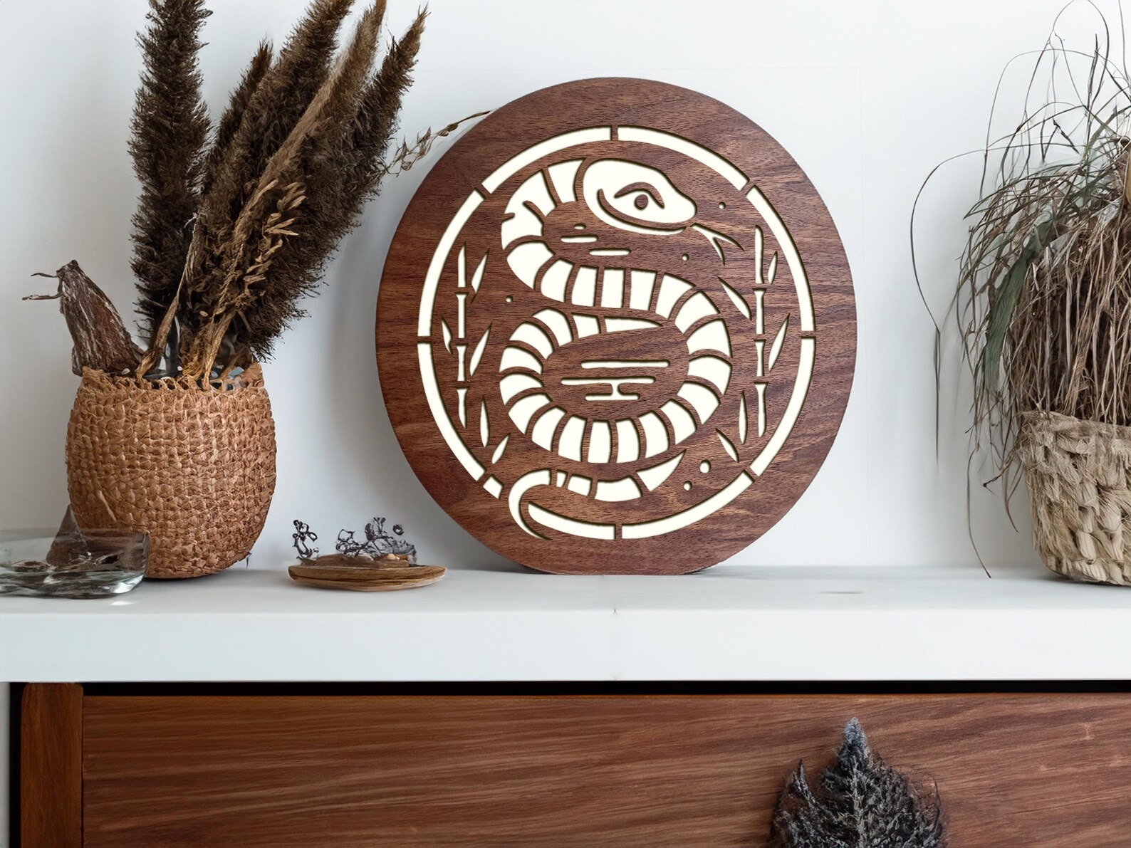 Year of the Snake Wooden Lamp With Chinese Design, Warm White LED ...