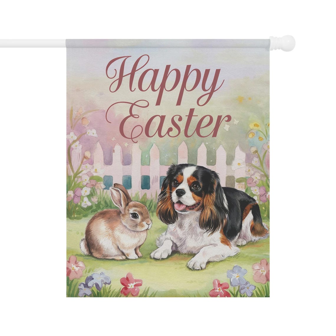 Tricolor Cavalier King Charles Spaniel, Easter Scene Garden Flag, Front ...