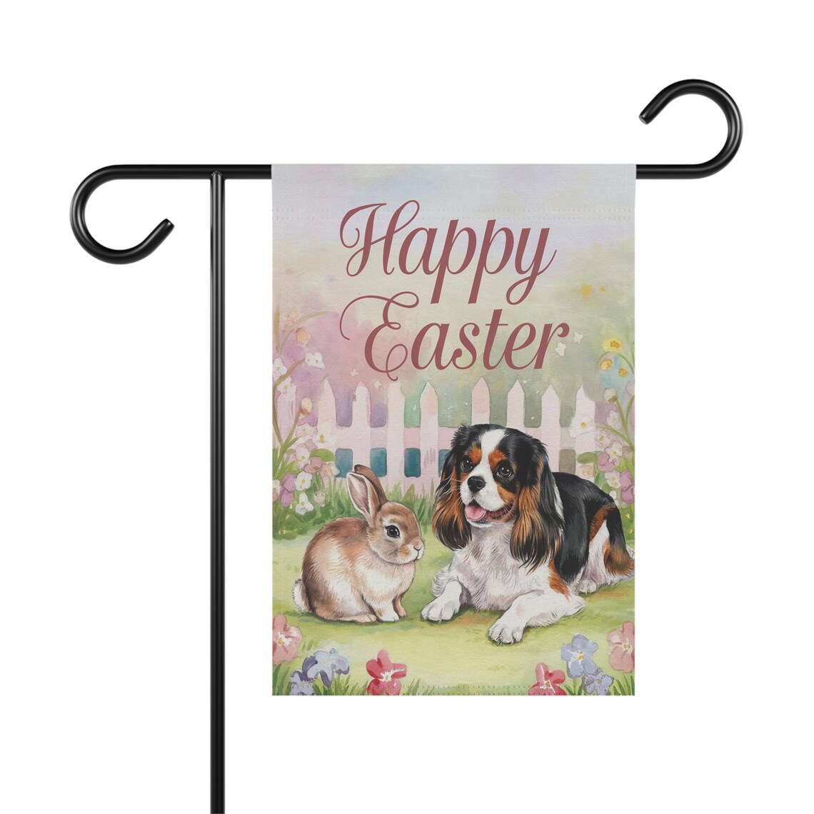Tricolor Cavalier King Charles Spaniel, Easter Scene Garden Flag, Front ...