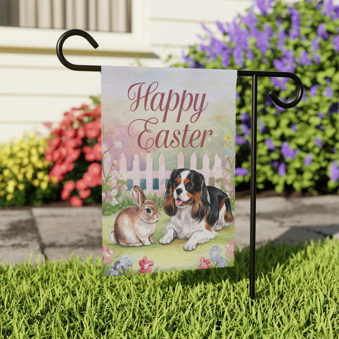Tricolor Cavalier King Charles Spaniel, Easter Scene Garden Flag, Front ...