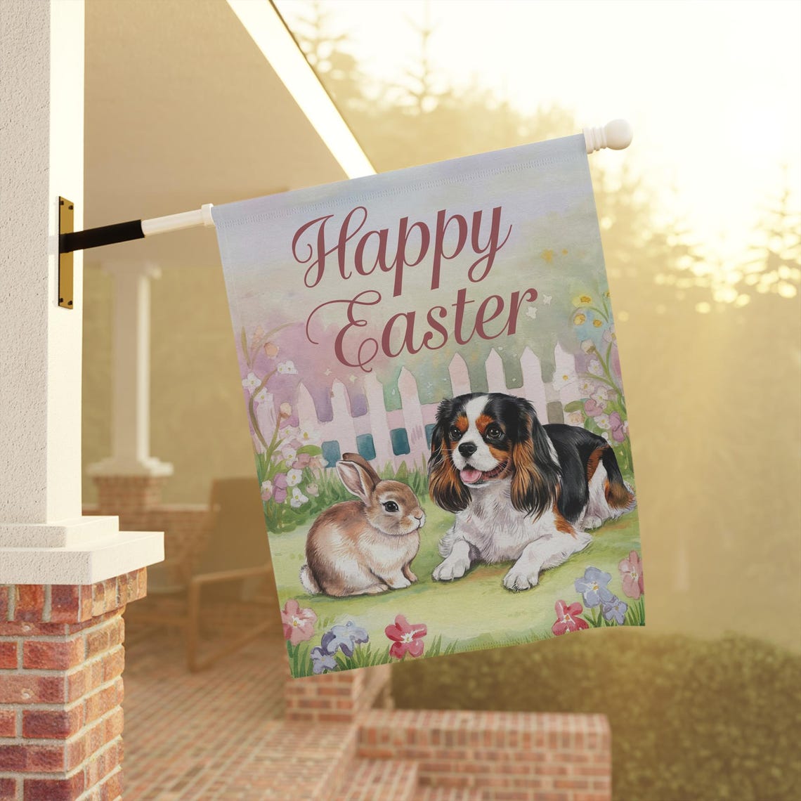 Tricolor Cavalier King Charles Spaniel, Easter Scene Garden Flag, Front ...