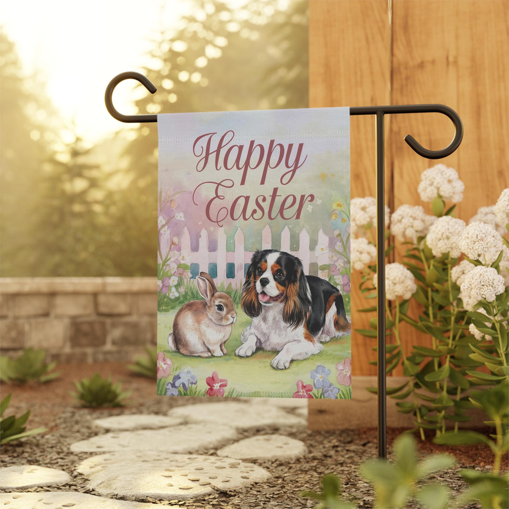 Tricolor Cavalier King Charles Spaniel, Easter Scene Garden Flag, Front ...