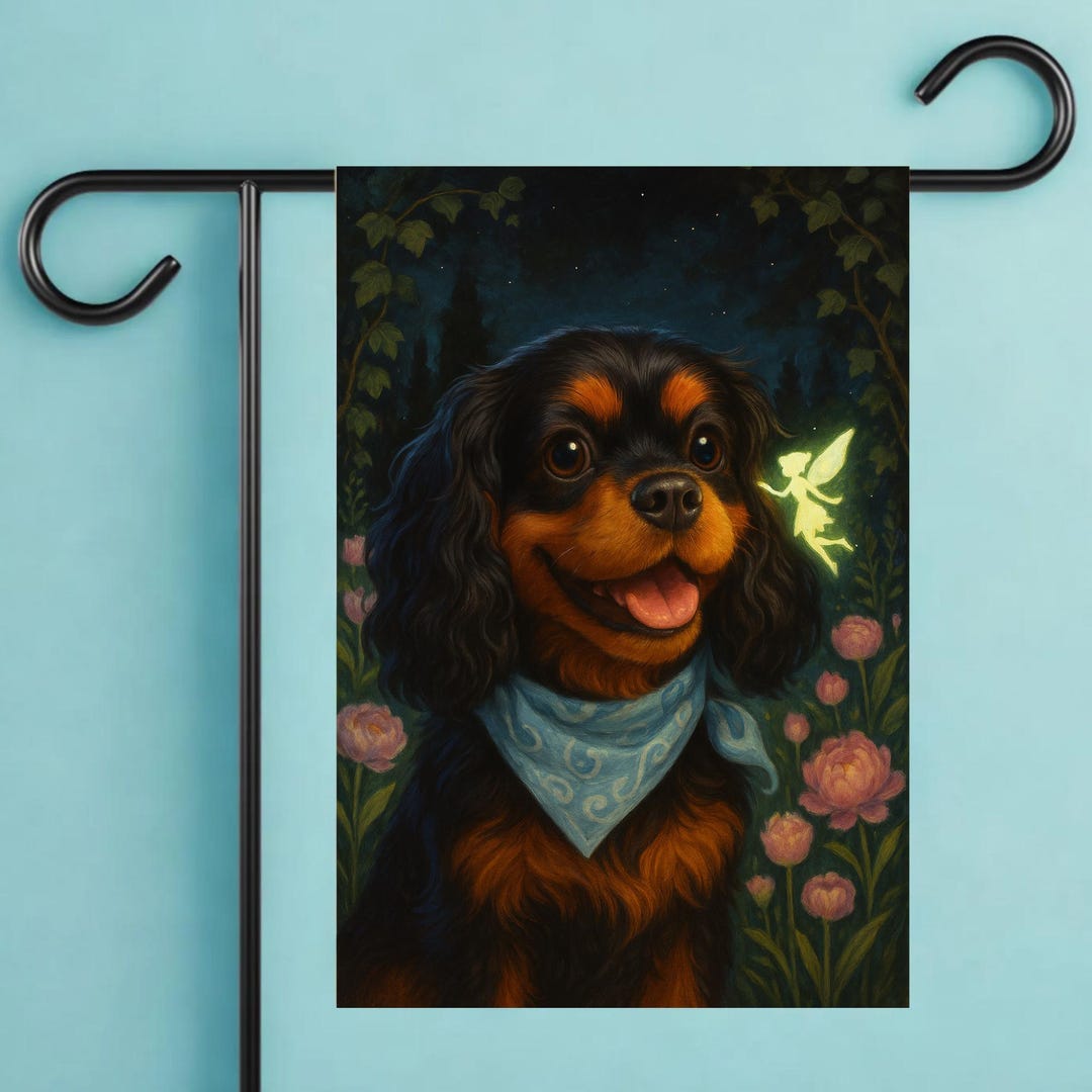 Fairy Garden Banner, Black Tan Cavalier Flag, Tinkerbell Housewarming ...