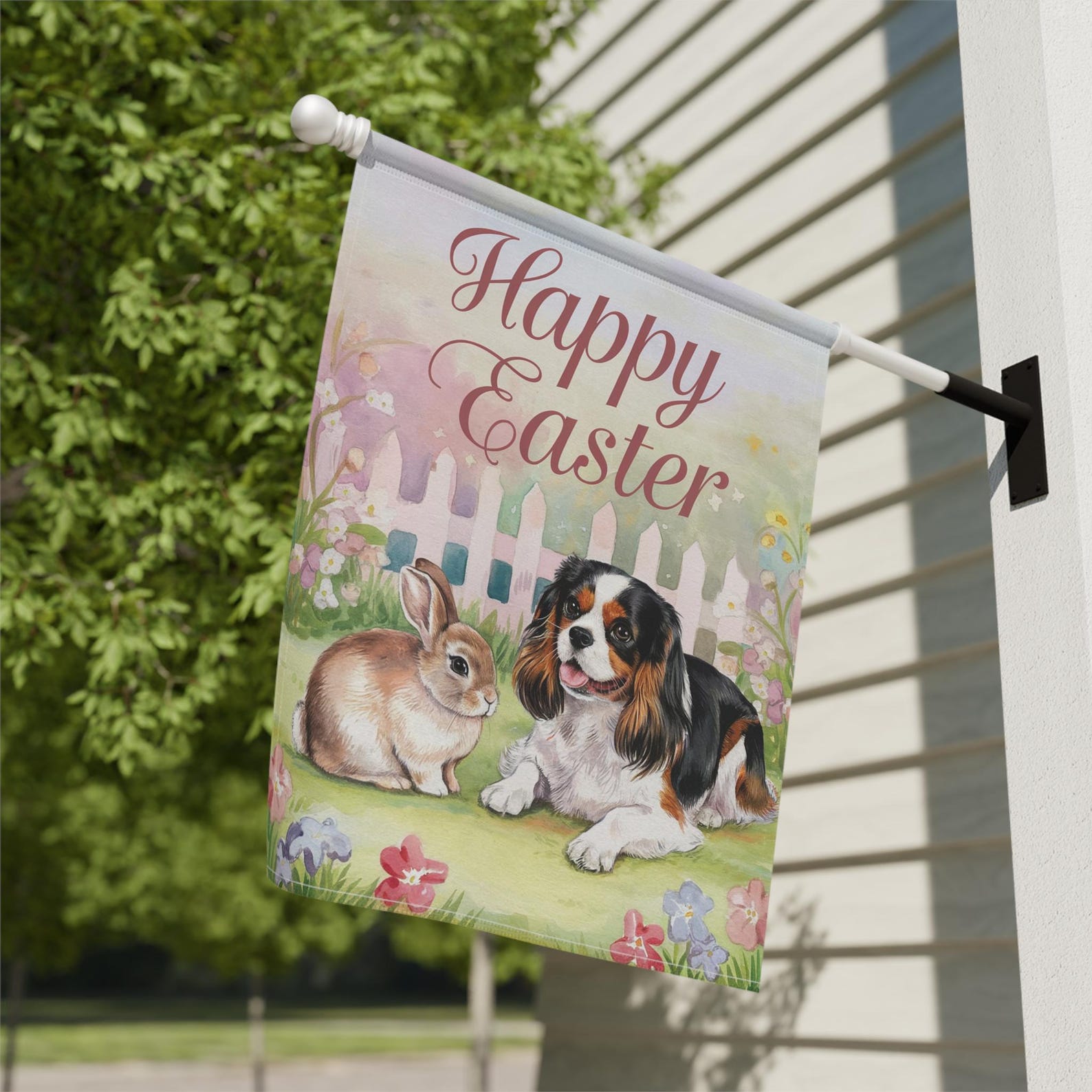 Tricolor Cavalier King Charles Spaniel, Easter Scene Garden Flag, Front ...