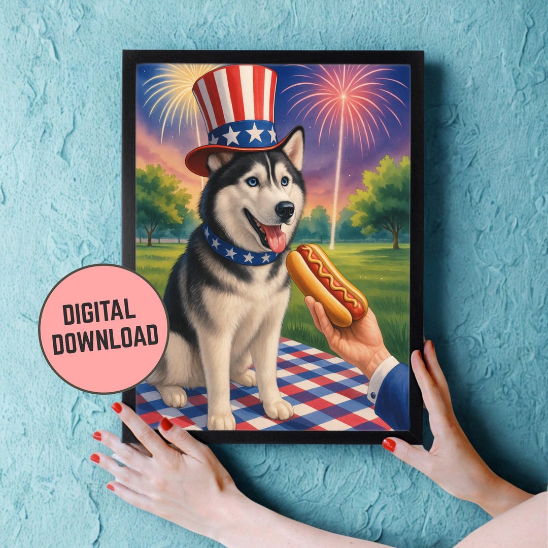 Custom Digital Download, 4th of July Art Greeting Cards, Siberian Husky ...