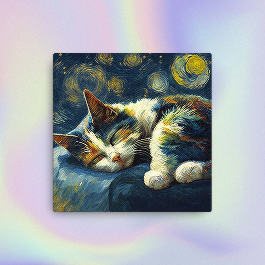 Sleeping Calico Cat Starry Night Art | Canvas - Etsy