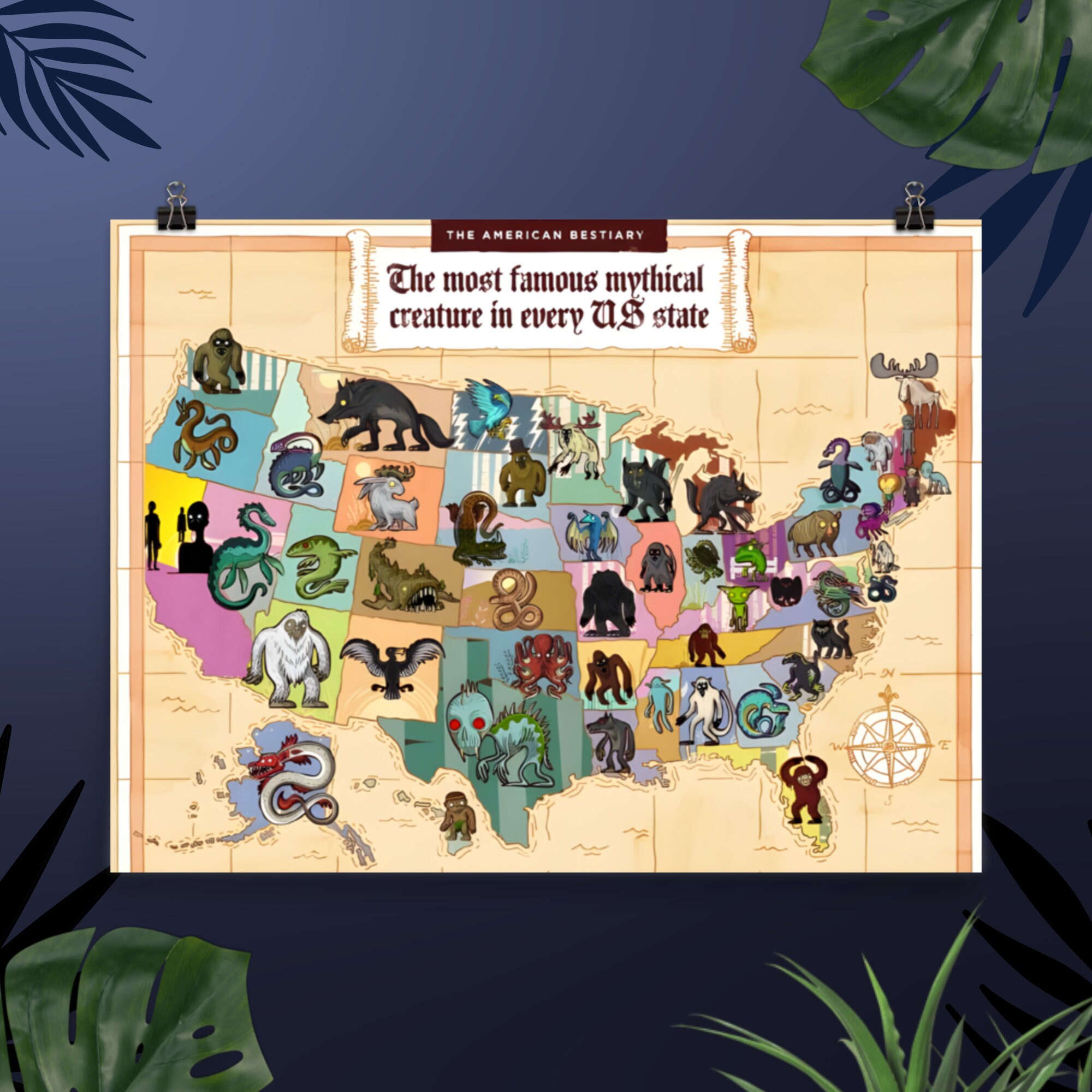 Illustrated Map Mythical Beasts of US the American Bestiary - Etsy