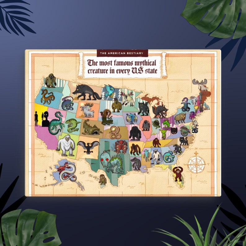 Illustrated Map Mythical Beasts of US the American Bestiary - Etsy