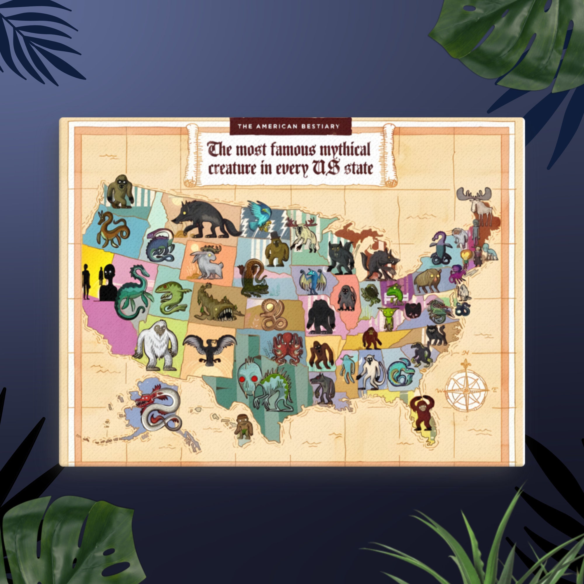 Illustrated Map Mythical Beasts of US the American Bestiary - Etsy