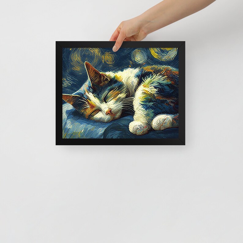 Sleeping Calico Cat Starry Night Art Print Picture ,framed Photo Paper ...