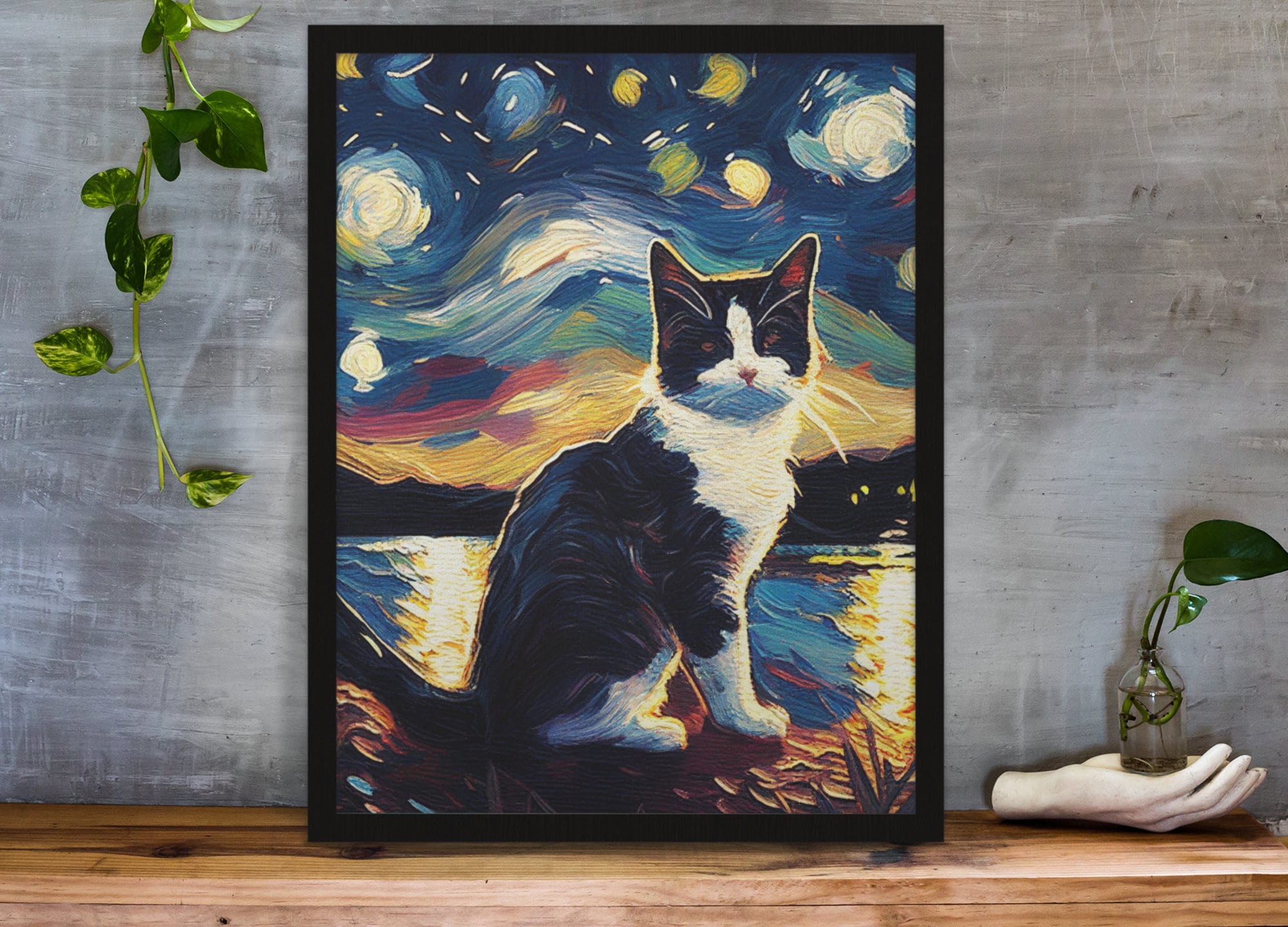 Tuxedo Cat on Beach Starry Night Art Van Gogh Style Oil Painting Framed ...