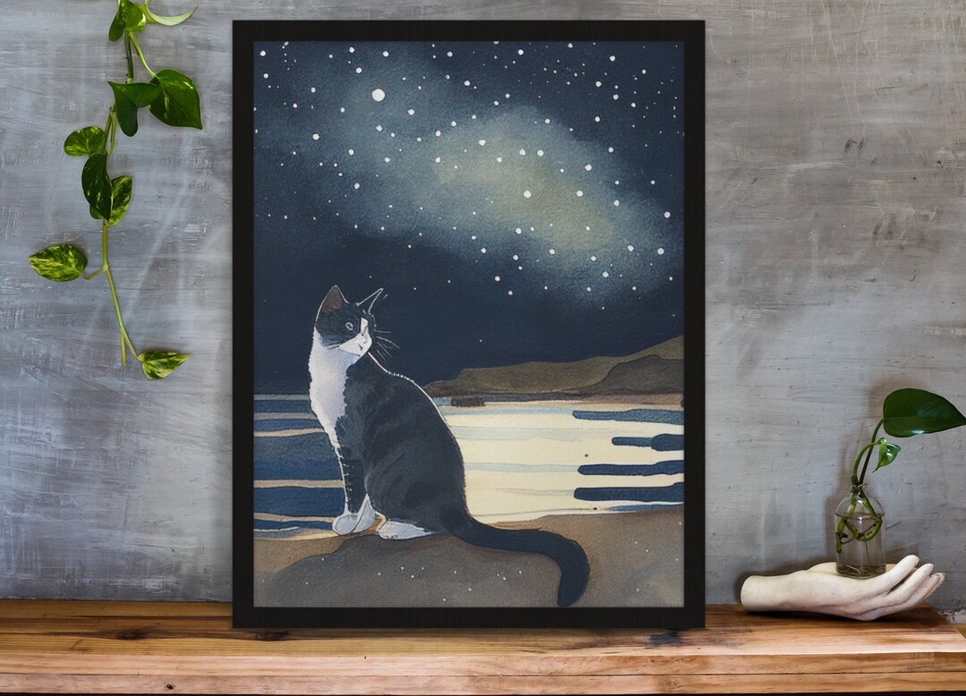 Tuxedo Cat on Beach Starry Night Art Watercolor Painting Framed Poster ...