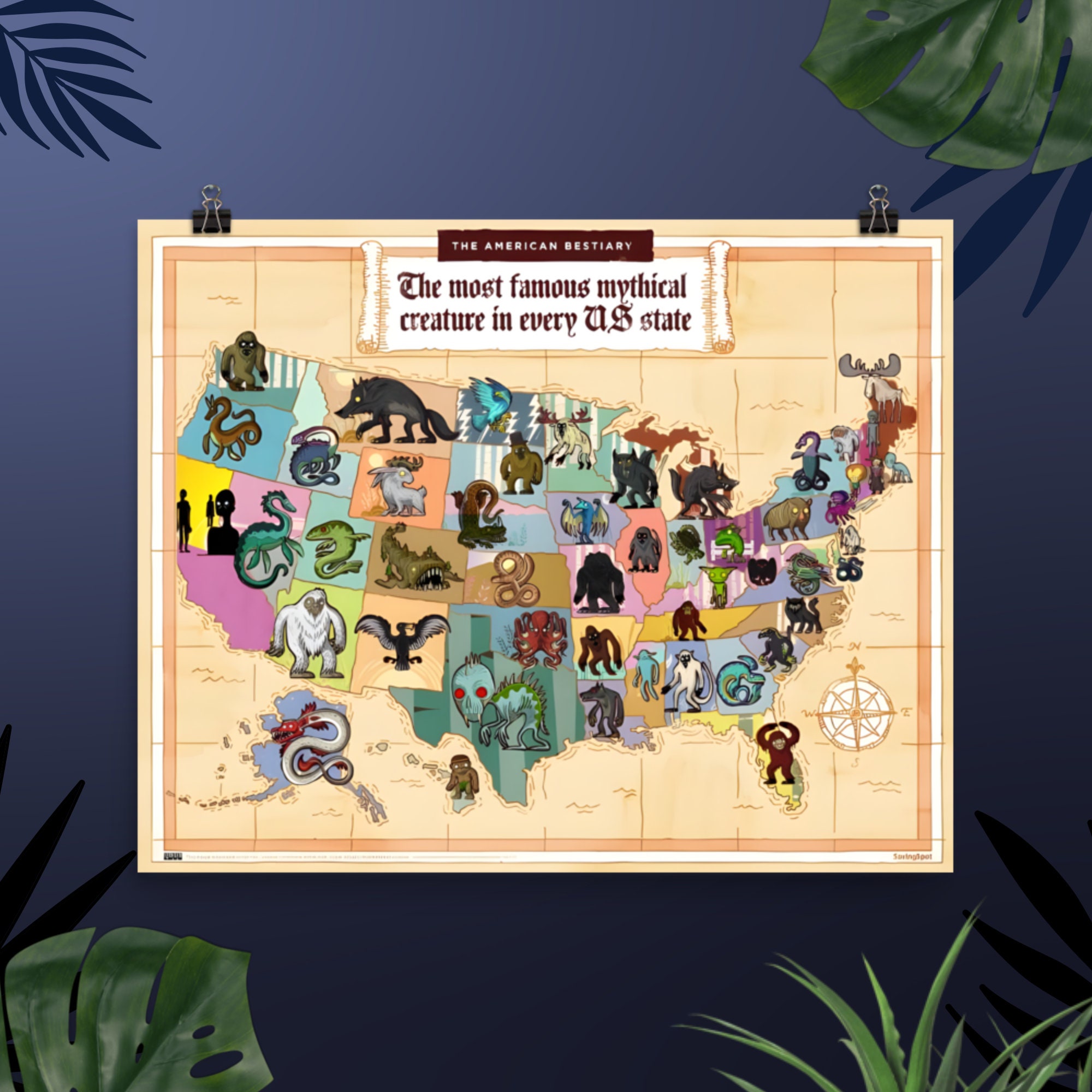 Illustrated Map Mythical Beasts of US the American Bestiary - Etsy