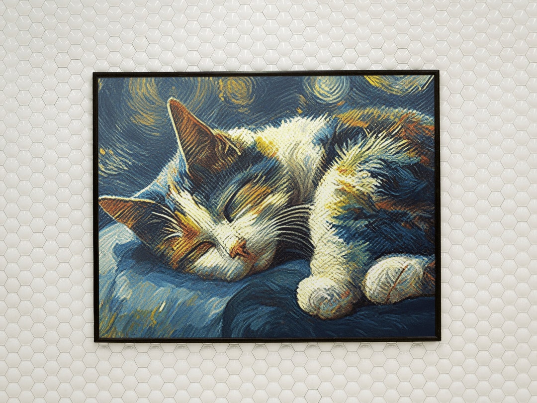 Sleeping Calico Cat Starry Night Art Print Picture ,framed Photo Paper ...