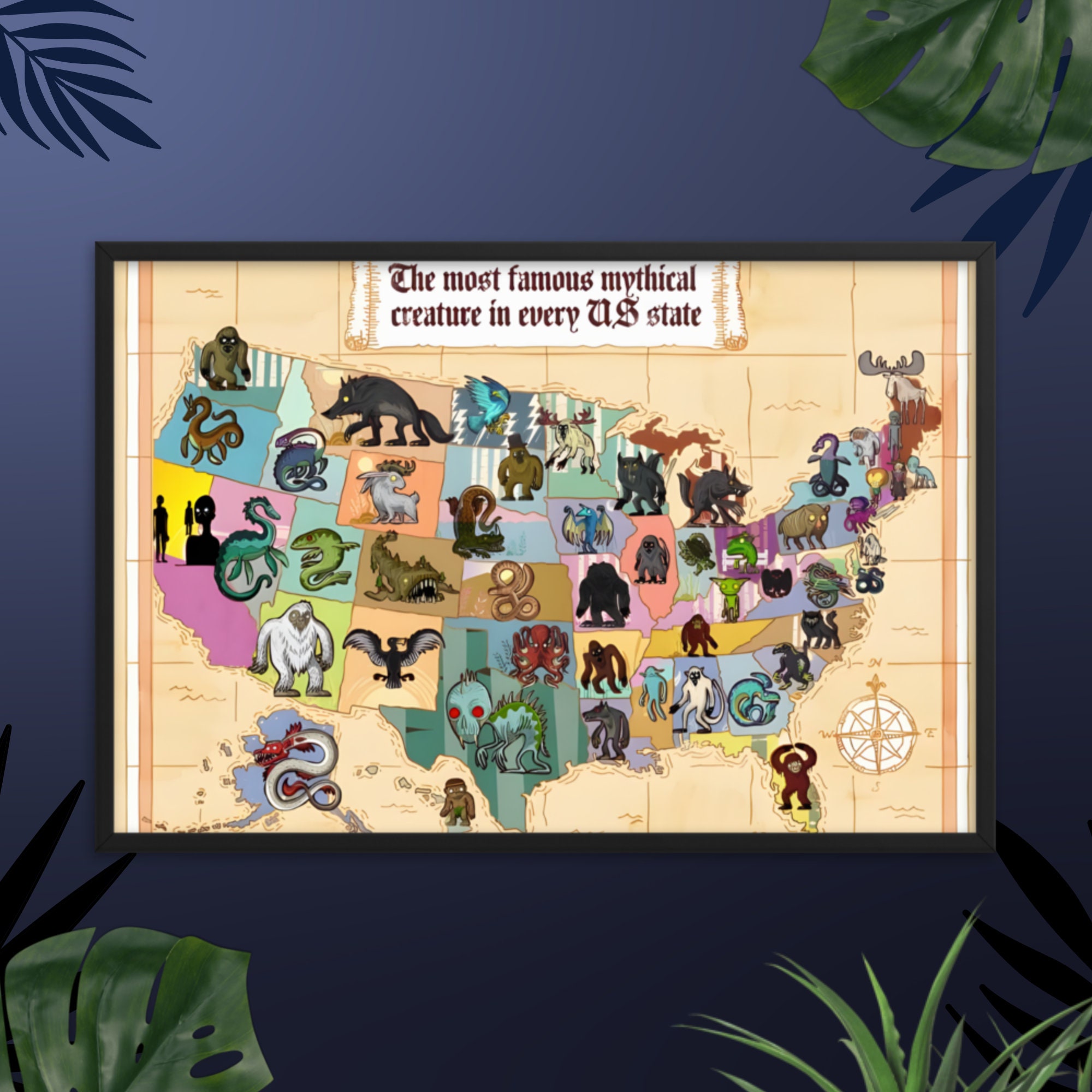 Illustrated Map Mythical Beasts of US the American Bestiary - Etsy