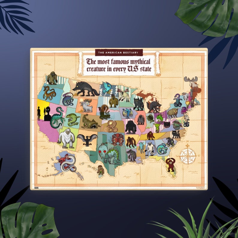 Illustrated Map Mythical Beasts of US the American Bestiary - Etsy