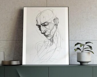 Human Figure Line Drawing on Abstract Background, Male Figure Printable ...