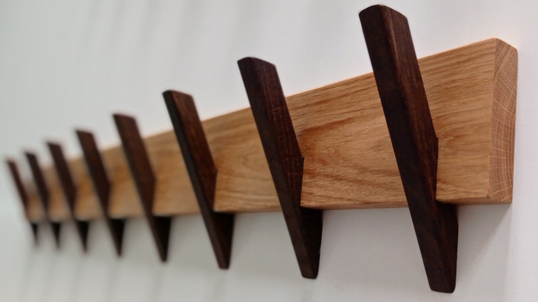 Modern Wall Oak Rack With 4-5-6-7-8 Fumed Oak Hooks/ Modern Oak Rack ...