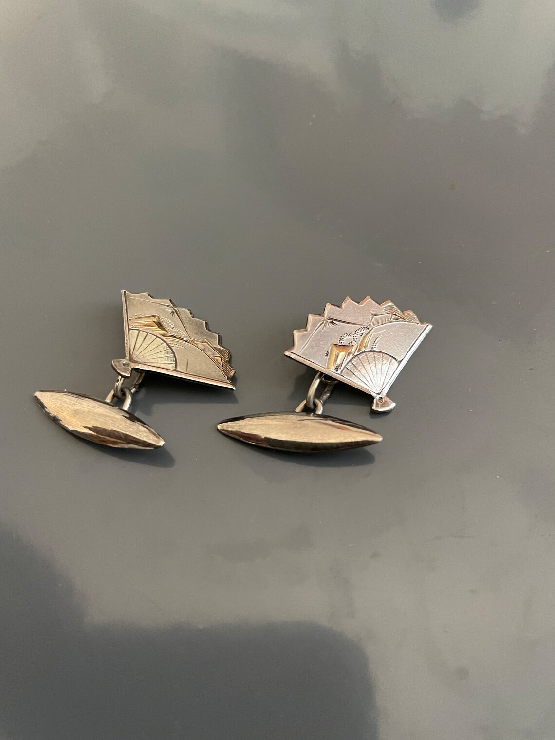 Vintage Two-toned Sterling Silver Fan Shaped Cuff Links With Landscape ...