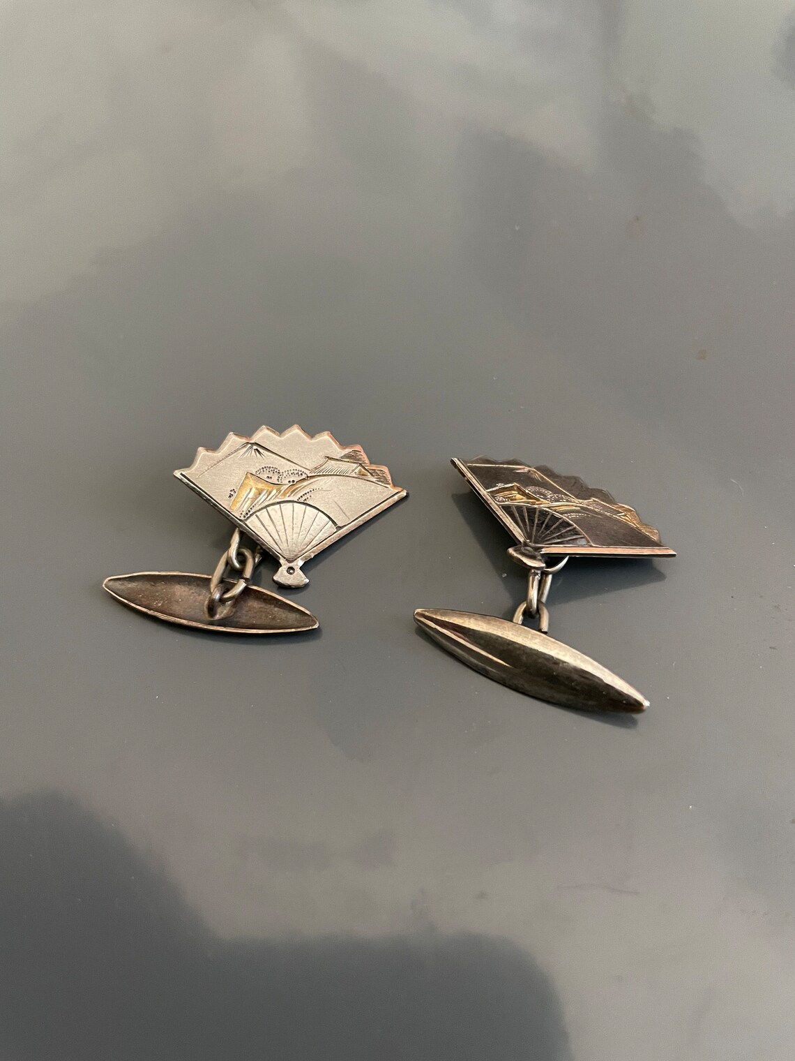 Vintage Two-toned Sterling Silver Fan Shaped Cuff Links With Landscape ...