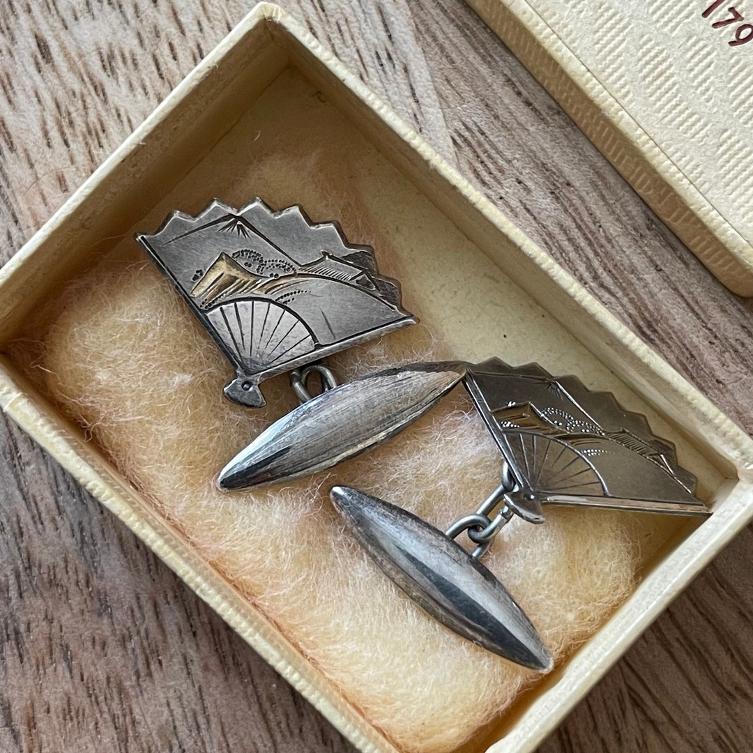 Vintage Two-toned Sterling Silver Fan Shaped Cuff Links With Landscape ...