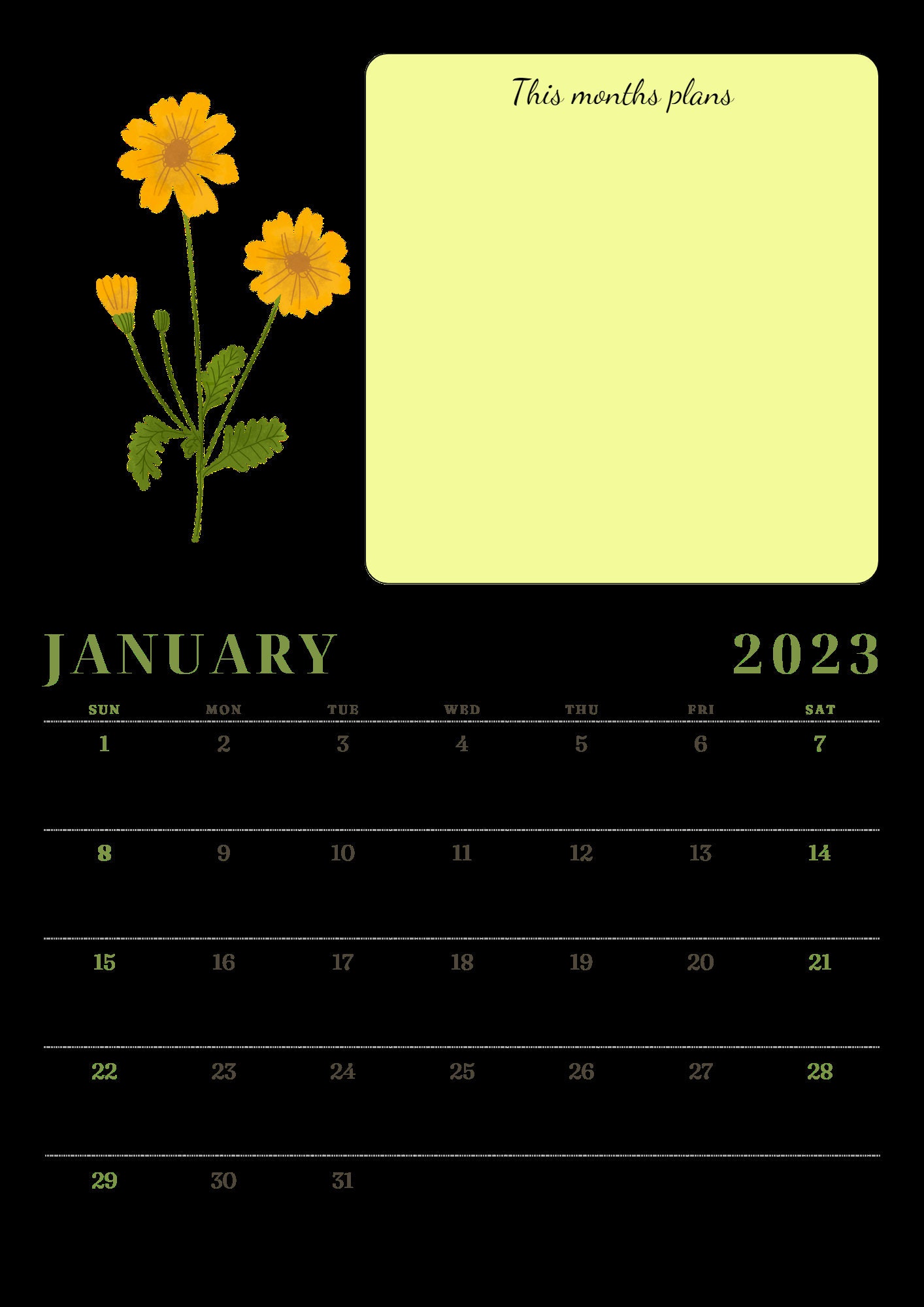 Digital Download Print A4 Calender With Flowers and Notes One Page per ...