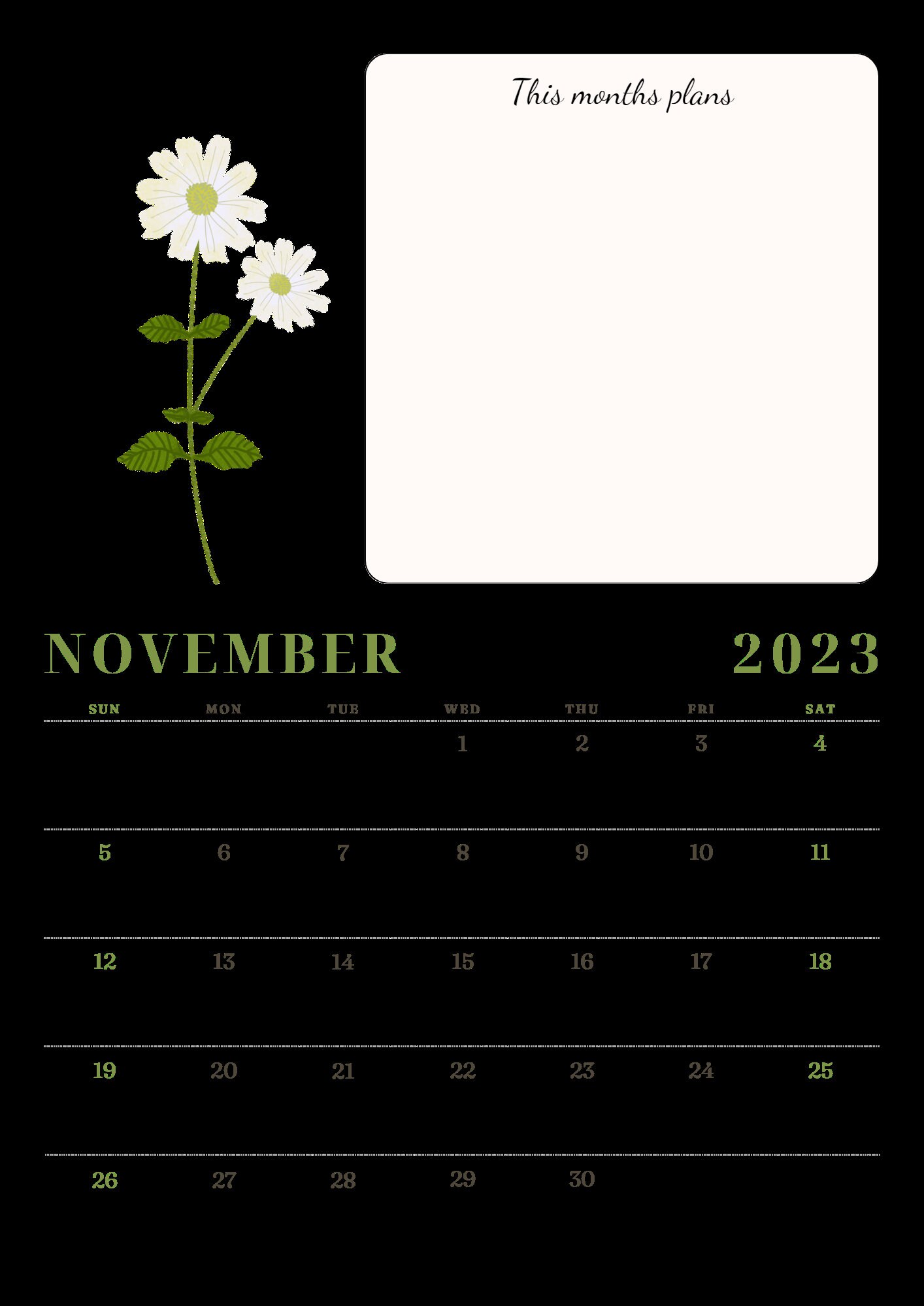 Digital Download Print A4 Calender With Flowers and Notes One Page per ...