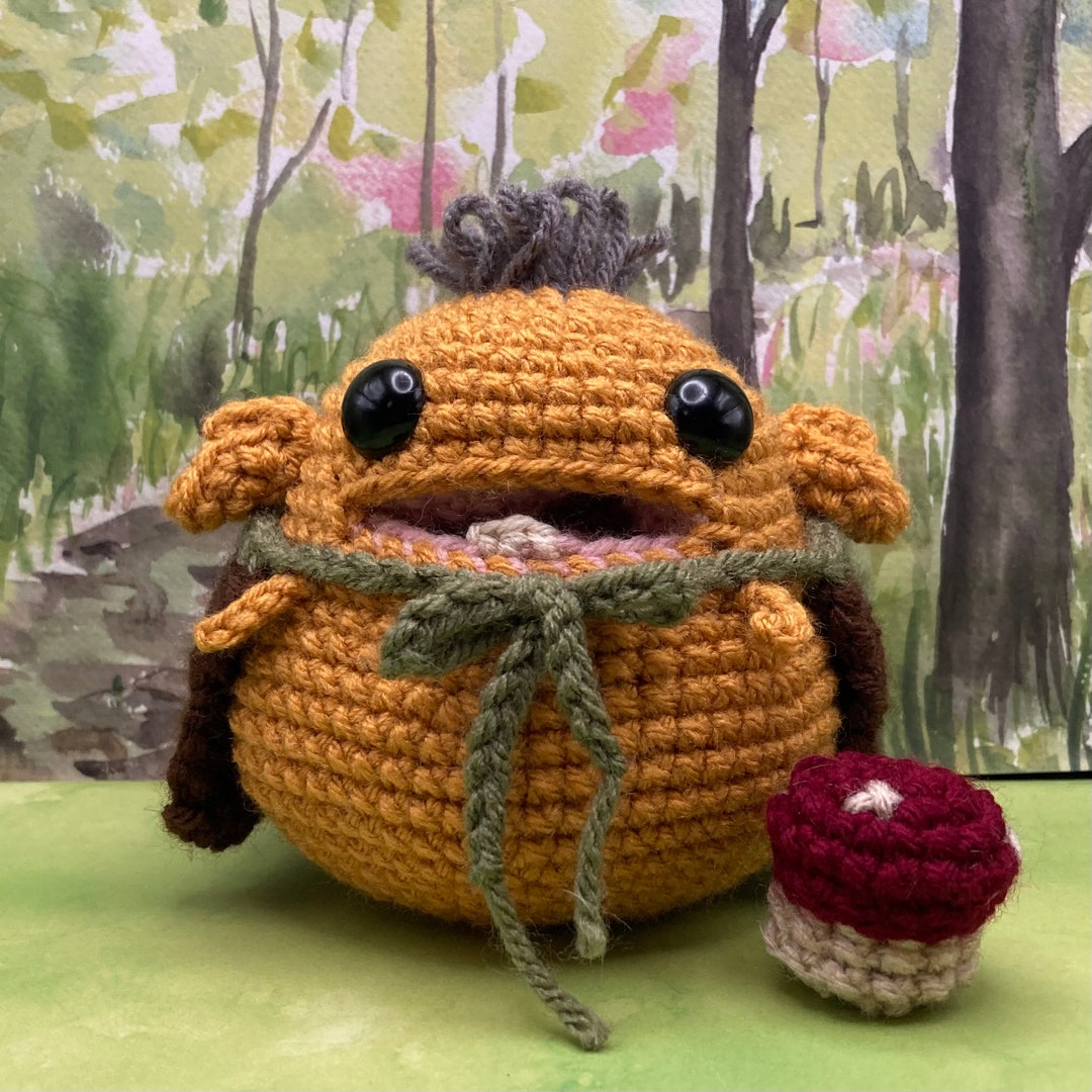Goblin Elder, Cute Yellow Crochet Plush Goblin With a Mushroom Snack ...